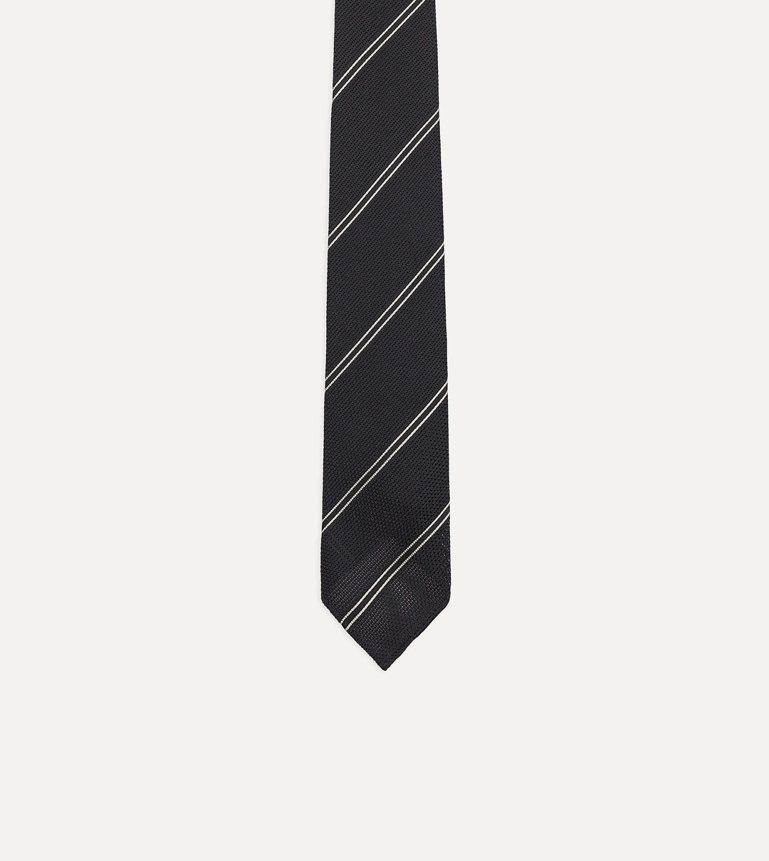 Navy and Silver Sandwich Stripe Hand Rolled Silk Grenadine Tie – Drakes