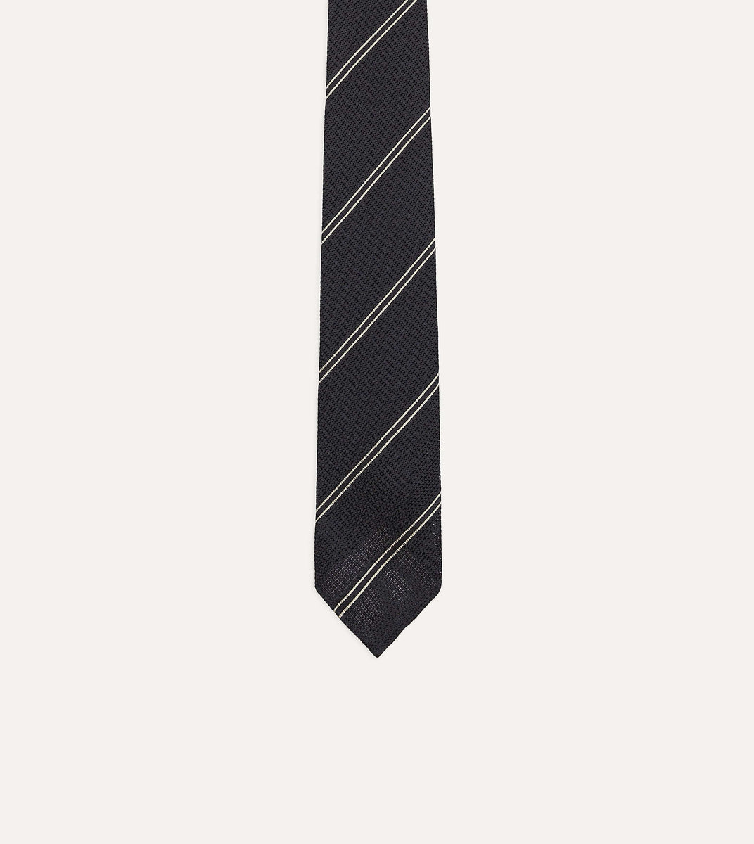 Navy and Silver Sandwich Stripe Hand Rolled Silk Grenadine Tie – Drakes