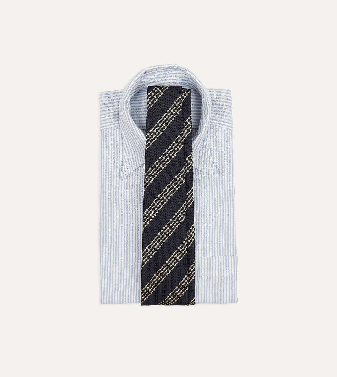 Navy and Silver Stripe Hand Rolled Large Knot Grenadine Tie – Drakes
