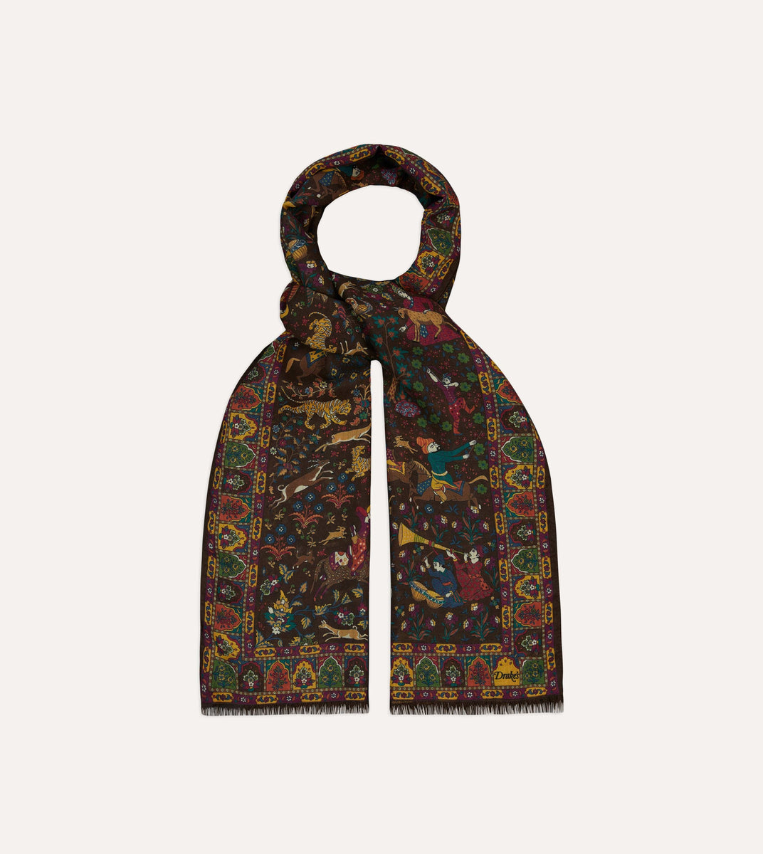 Brown Mughal Hunter Print Wool-Silk Scarf – Drakes