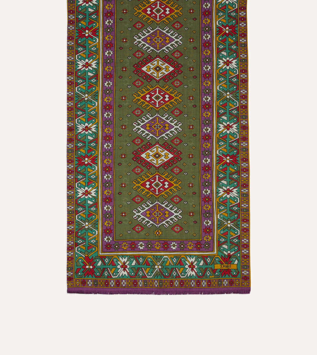 Green and Purple Kilim Print Tubular Wool Silk Scarf – Drakes