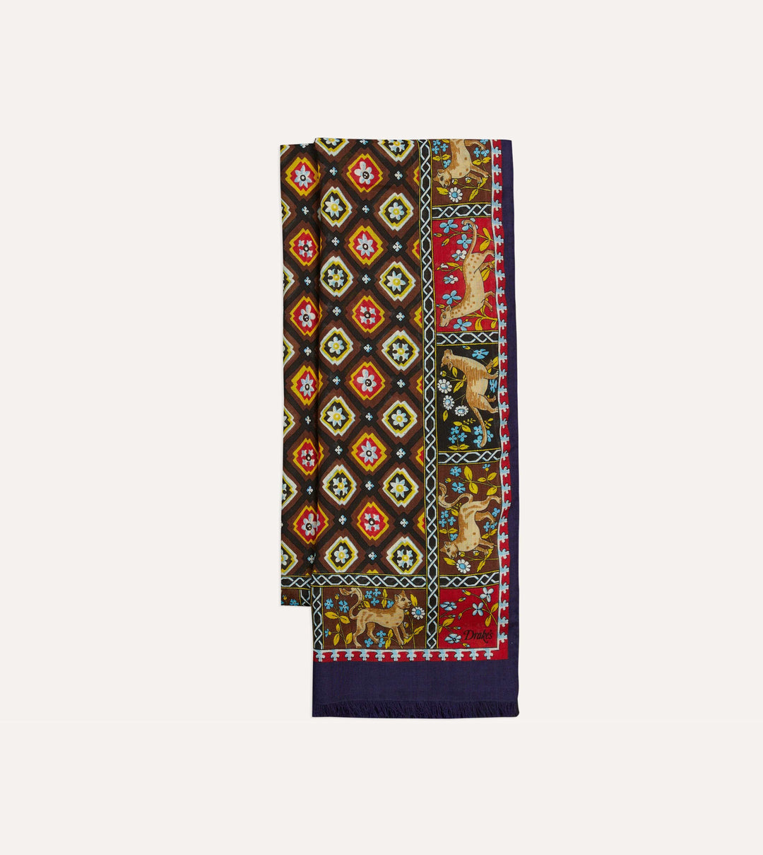 Navy and Brown Animal Border Medallion Print Wool-Silk Scarf – Drakes