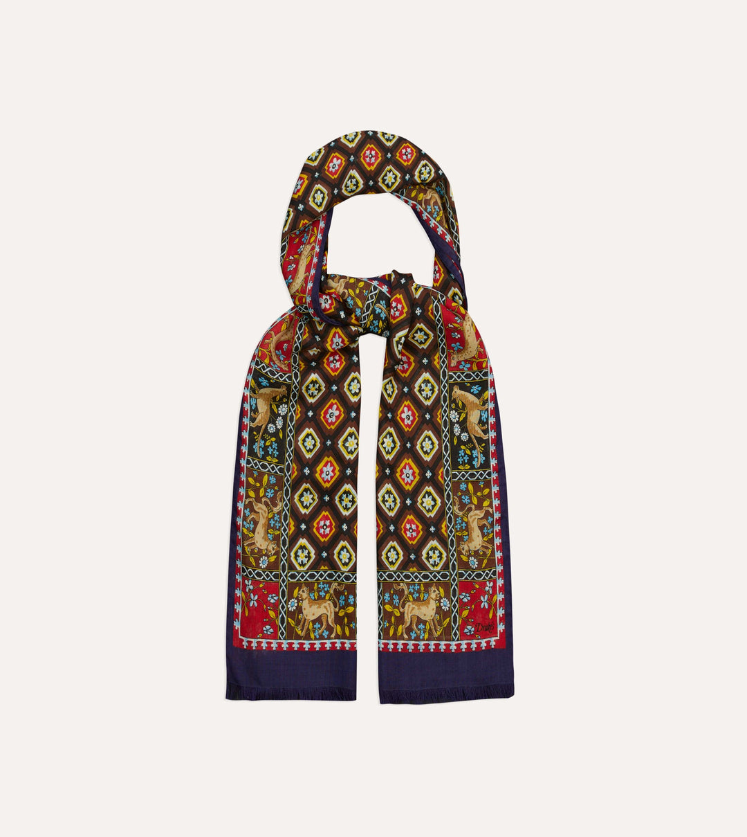 Navy and Brown Animal Border Medallion Print Wool-Silk Scarf – Drakes