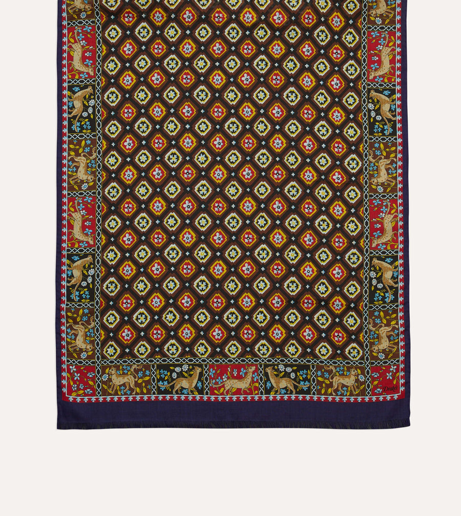 Navy and Brown Animal Border Medallion Print Wool-Silk Scarf – Drakes