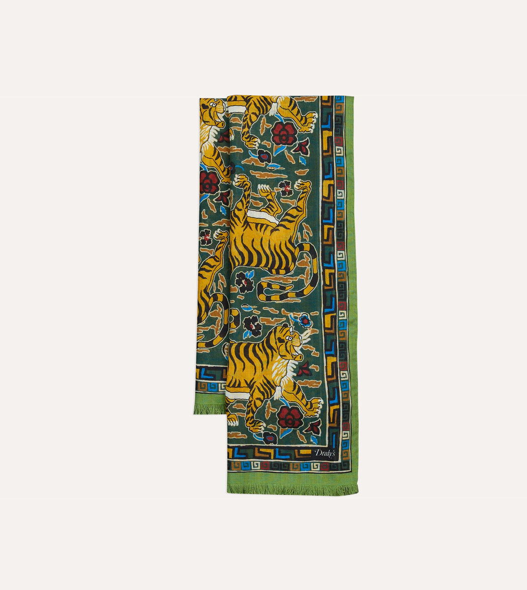 Green Tiger Print Wool-Silk Scarf – Drakes