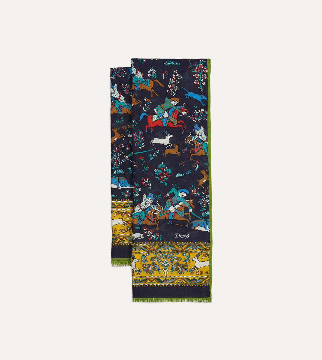 Navy Mughal Archer Print Wool Silk Scarf – Drakes