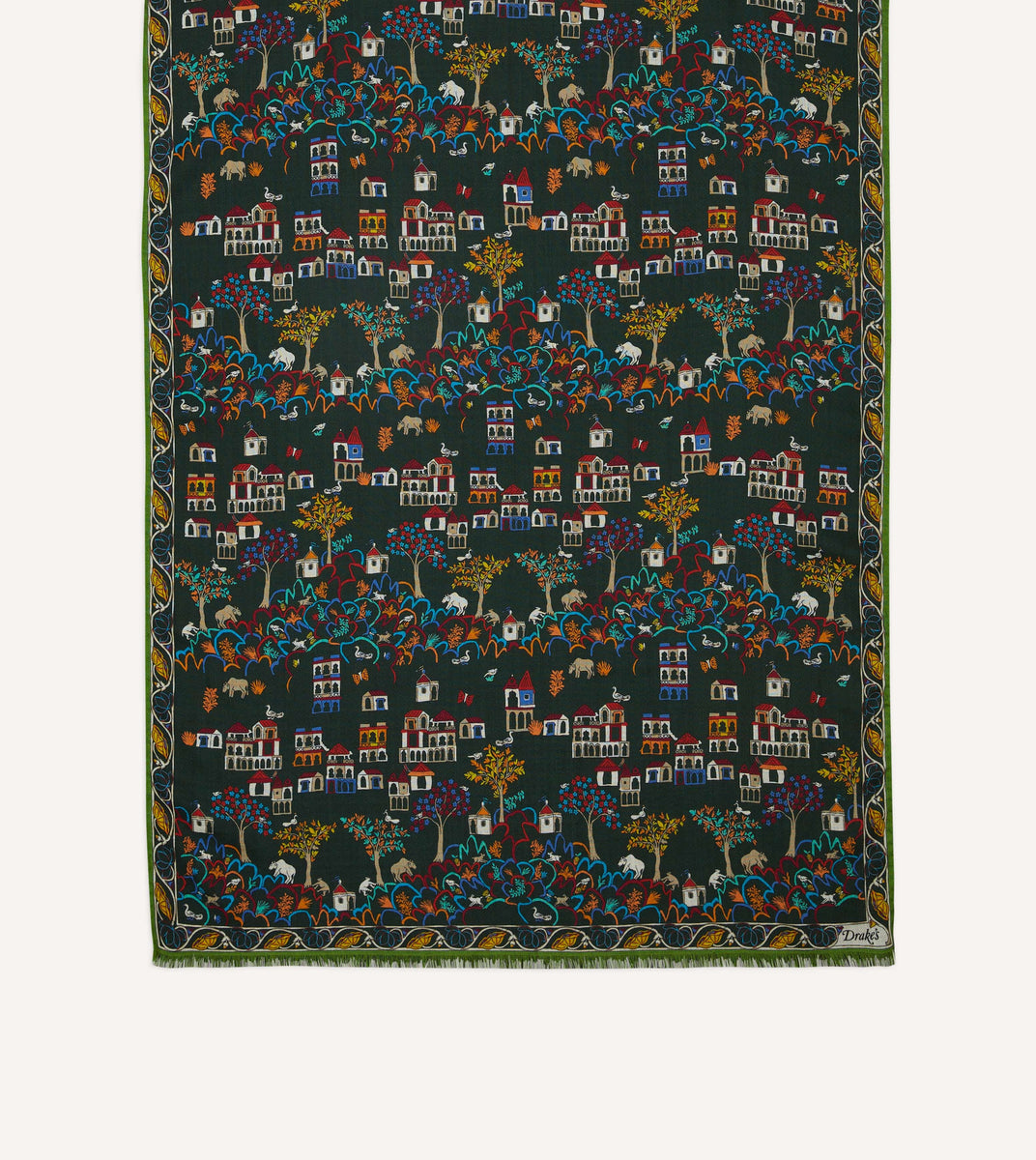 Green Antique Village Print Wool Silk Scarf – Drakes