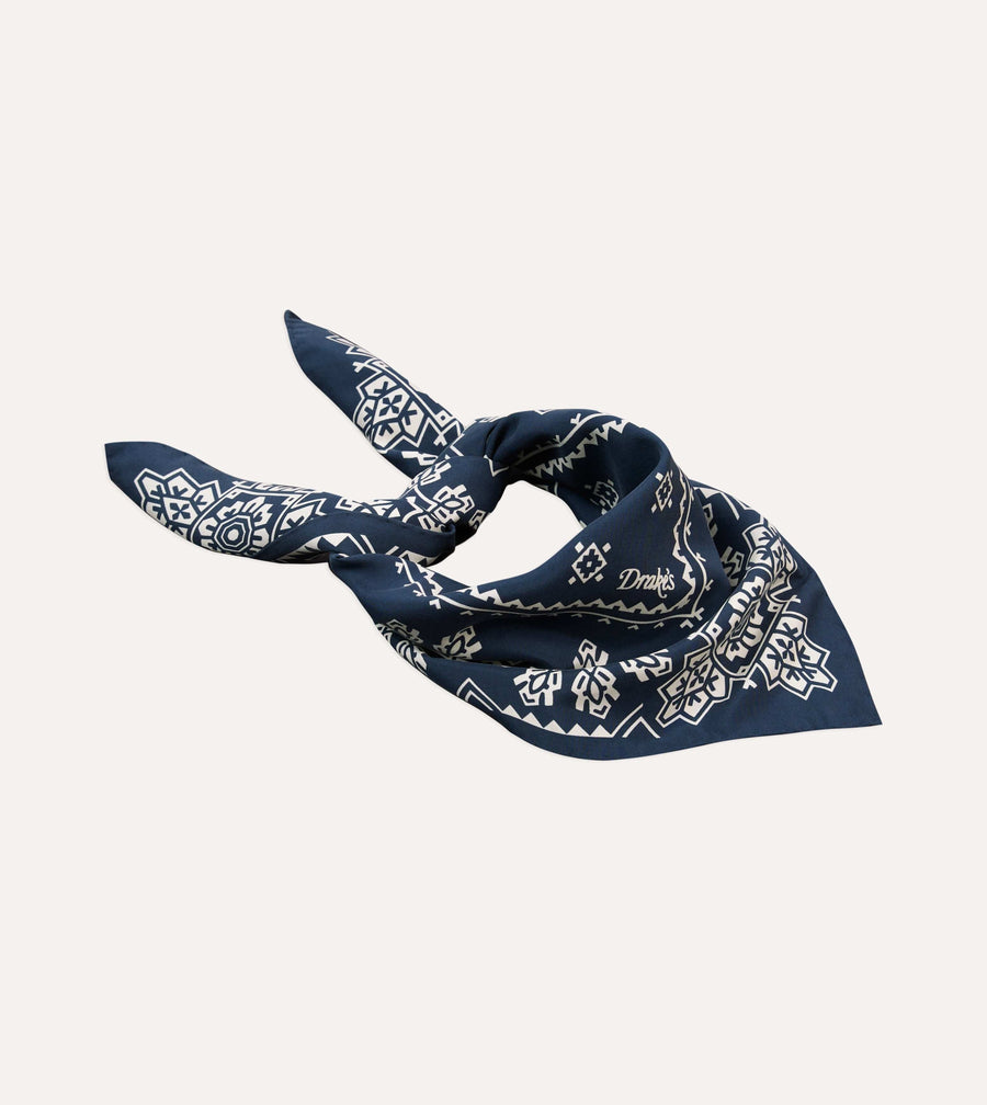 Navy Traditional Print Silk Bandana – Drakes