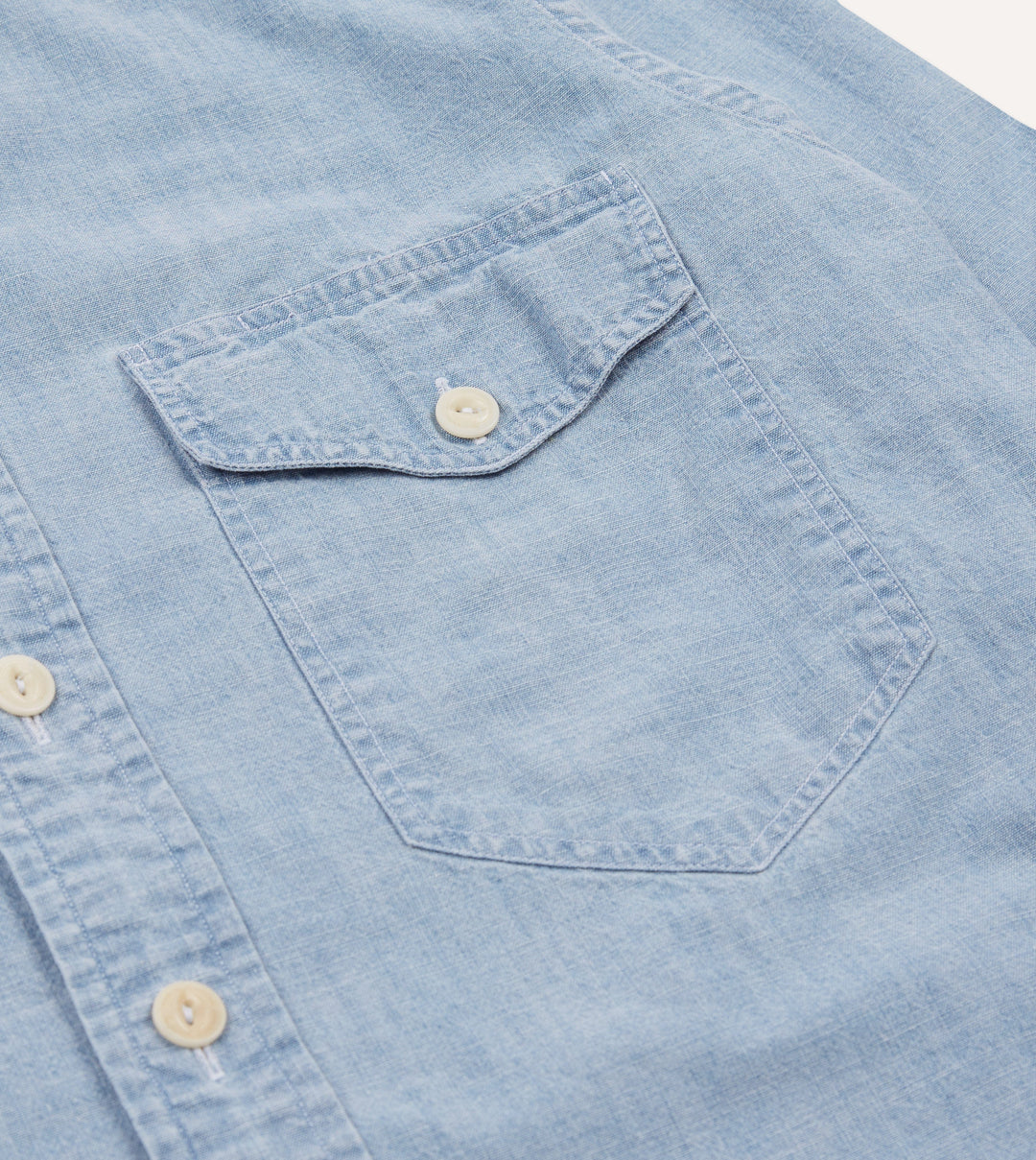 Blue Cotton Chambray Two-Pocket Work Shirt – Drakes