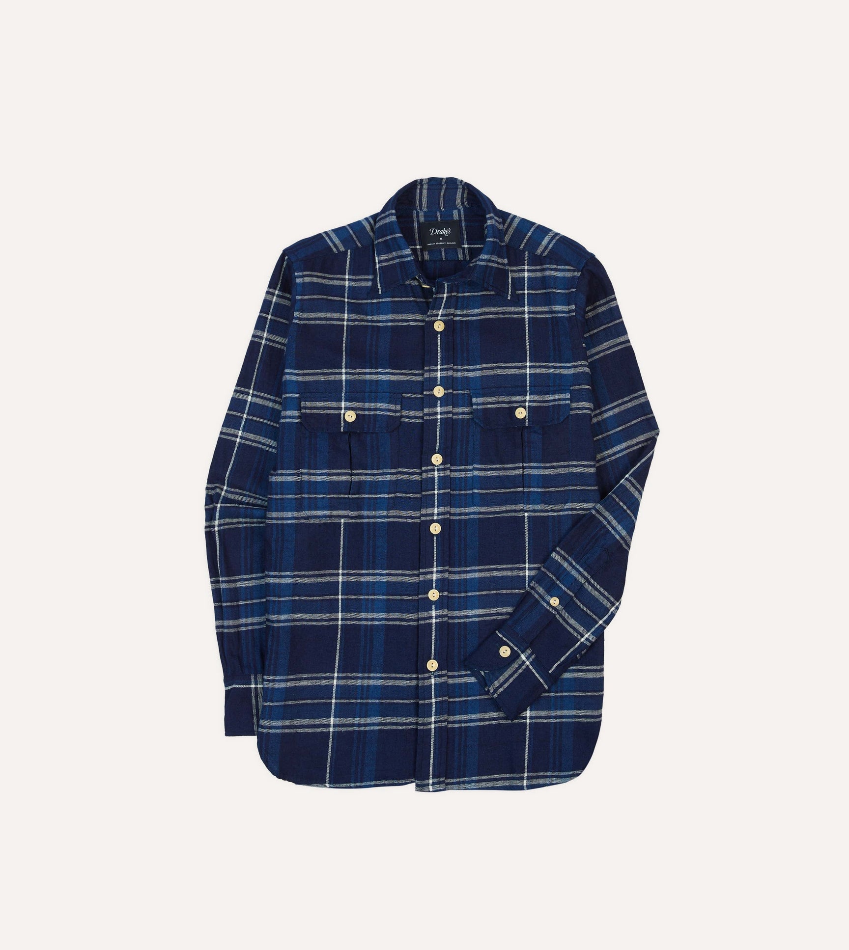 Blue Check Cotton Long Point Collar Work Shirt – Drakes