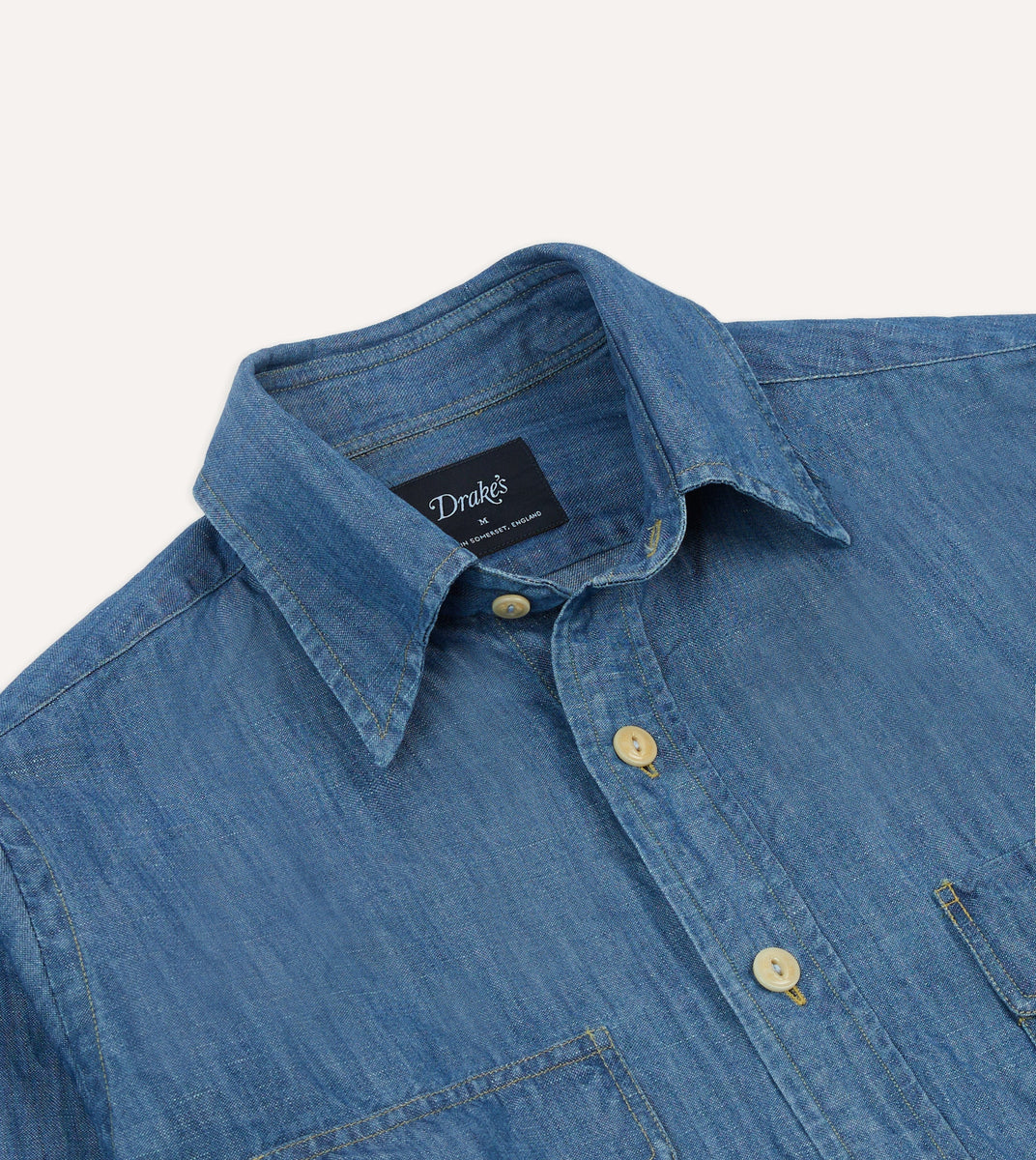 Stone Wash Cotton-Linen Long Point Collar Work Shirt – Drakes