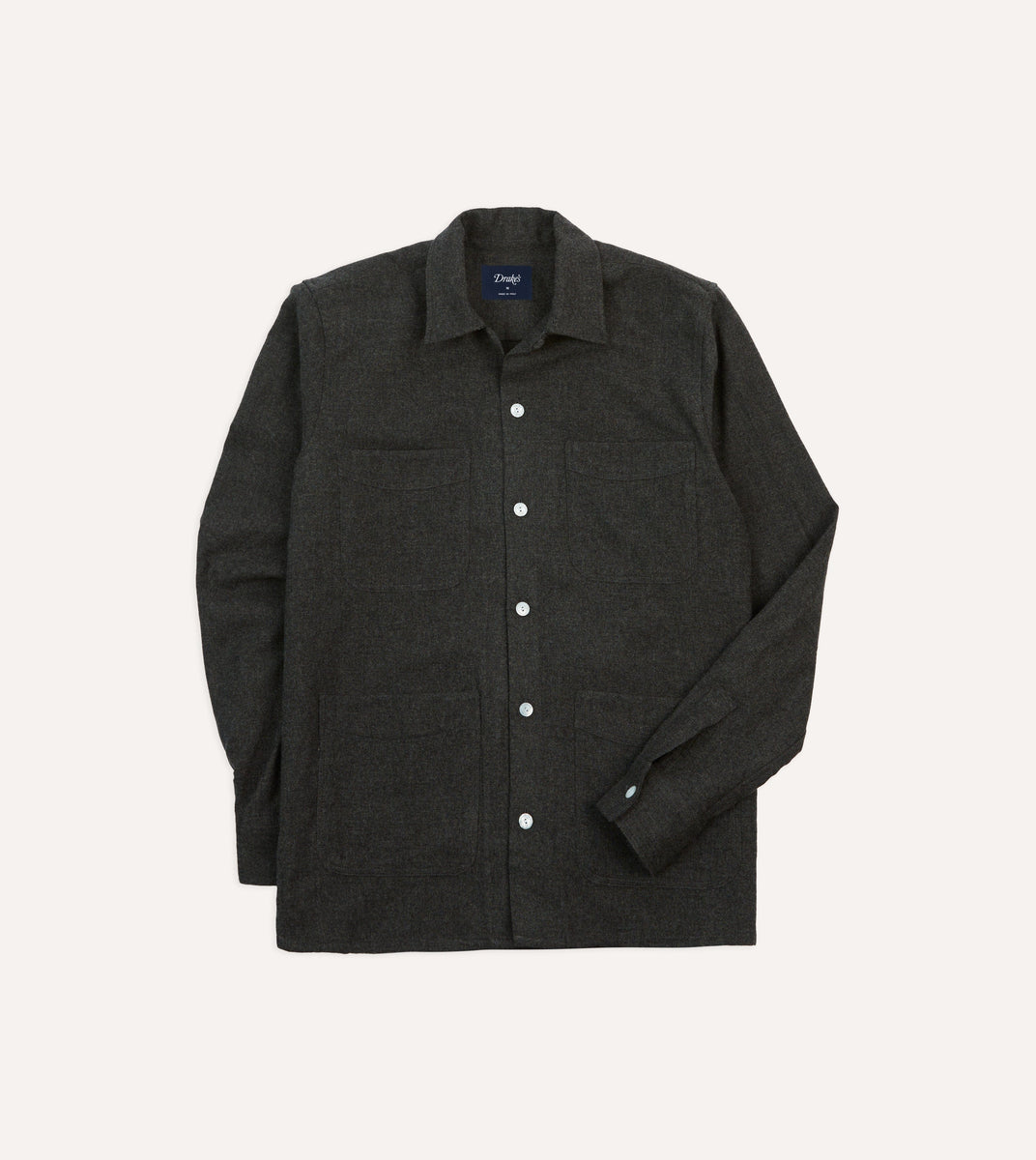 Grey Wool Four-Pocket Camp Collar Work Shirt – Drakes