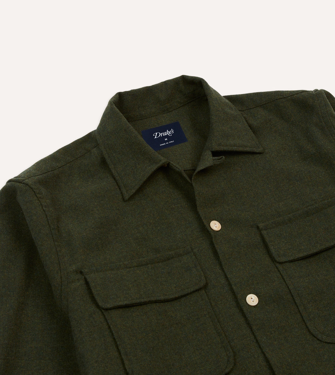 Dark Green Wool Two-Pocket Camp Collar Work Shirt – Drakes