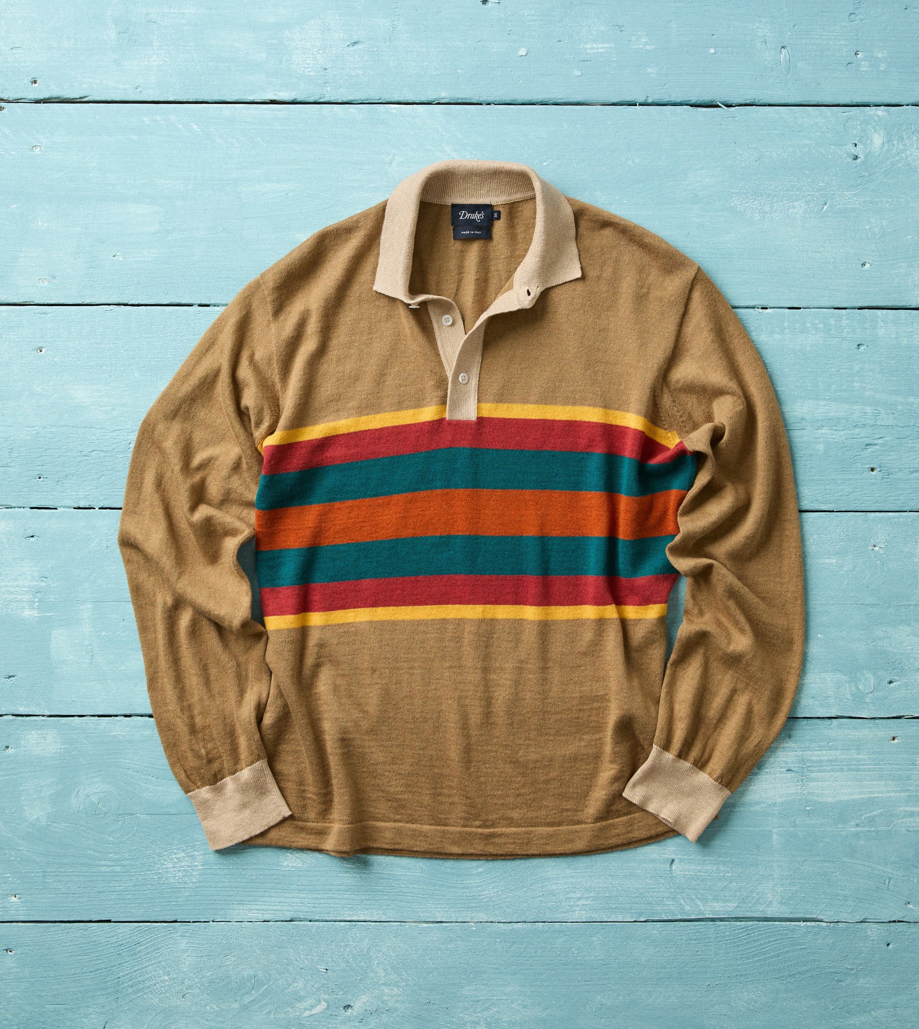 Brown Multi Centre Stripe Linen Cotton Knitted Rugby Shirt – Drakes