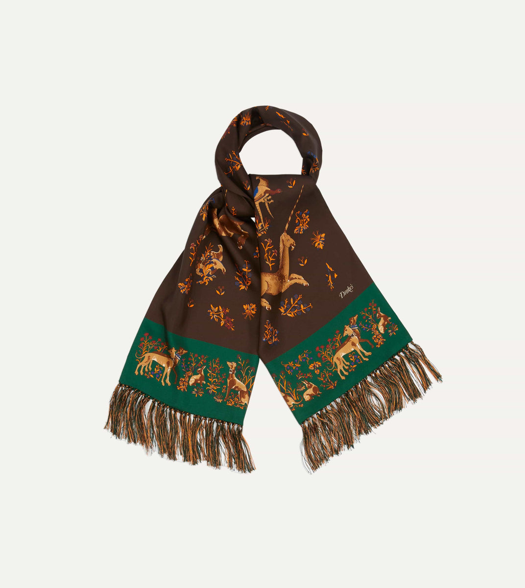 Brown Unicorn Print Tubular Silk Tasselled Scarf – Drakes
