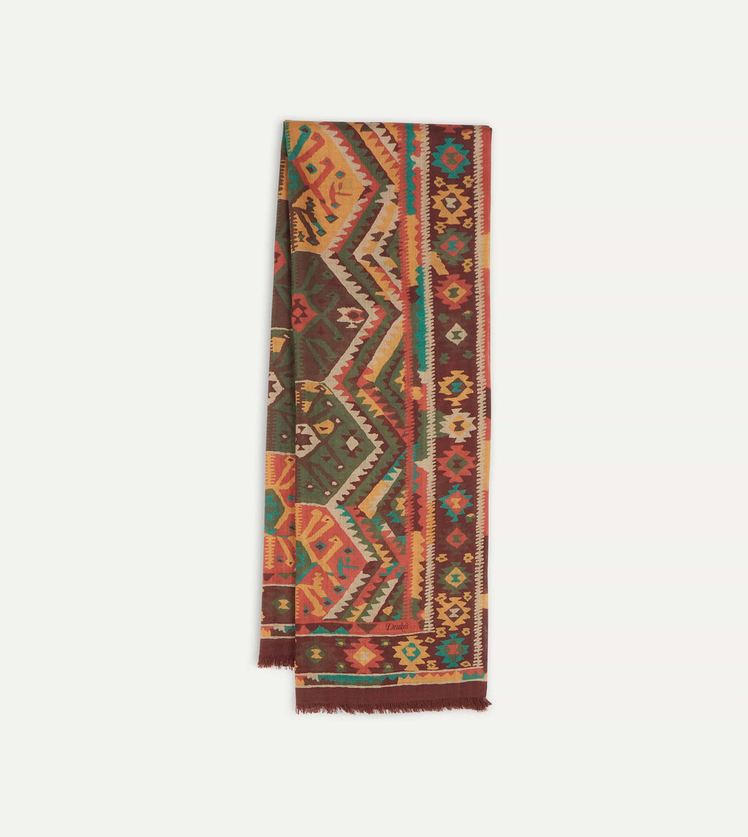 Brown Kilim Print Wool-Silk Scarf – Drakes