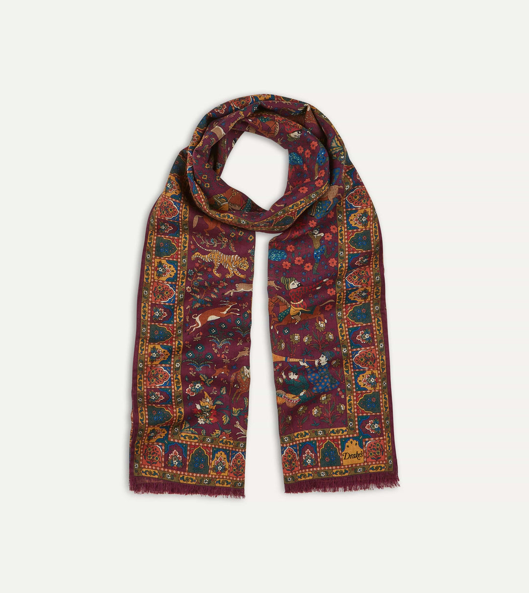 Magenta Mughal Hunter Print Wool-Silk Scarf – Drakes