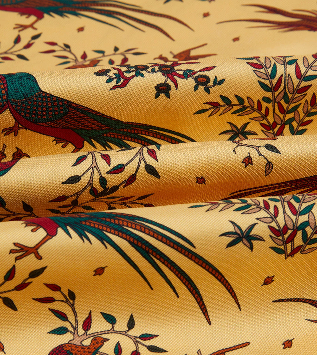 Gold Birds of Paradise Print Tubular Silk Tasselled Scarf – Drakes