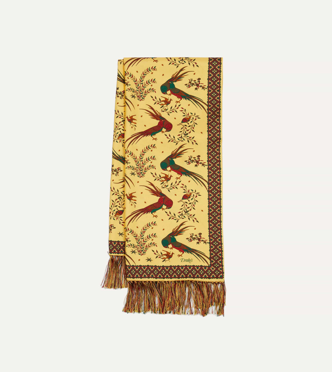 Gold Birds of Paradise Print Tubular Silk Tasselled Scarf – Drakes