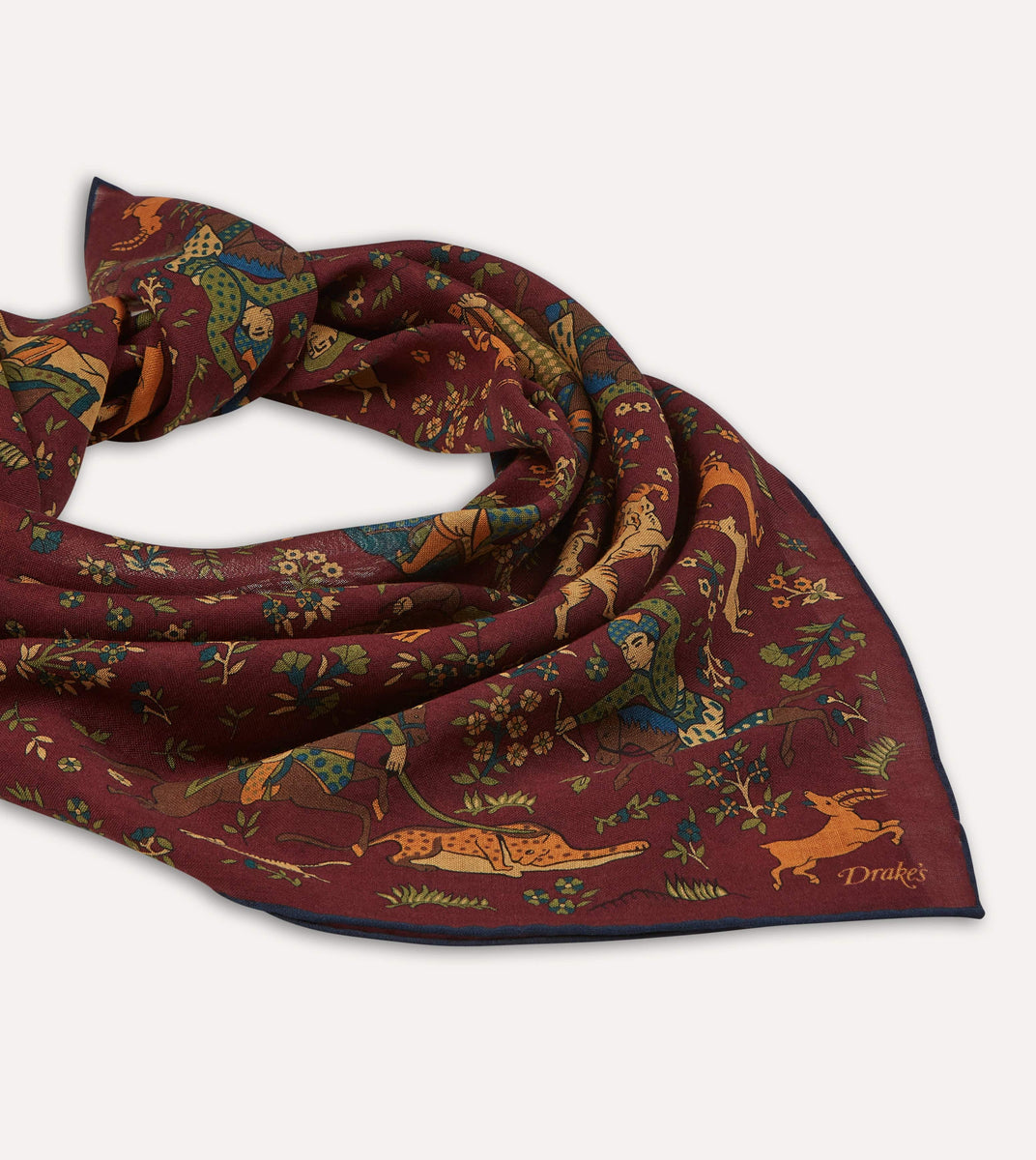 Burgundy Mughal Print Wool-Silk Square Scarf – Drakes