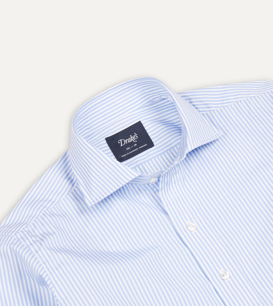 Sky Blue and White Bengal Stripe Spread Collar Cotton Poplin Shirt – Drakes